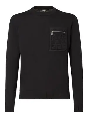 Fendi Wool Pullover With Embossed Ff Pocket - Black
