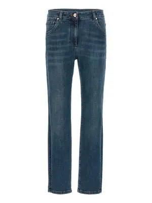 Brunello Cucinelli Monile Embellished Stretch Cotton Denim Jeans - Blue