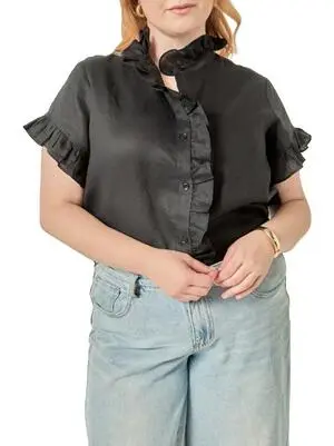 English Factory Ruffled Collar And Cuffs Short Sleeve Shirt - Black