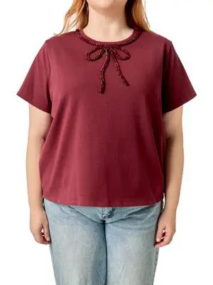 English Factory Embellished Bow Cotton T-shirt - Burgundy