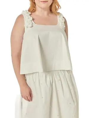 English Factory Sleeveless Cotton Top With Flower Appliqu - White