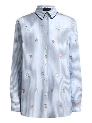 Etro Striped Cotton Shirt With Floral Embroidery - Blue