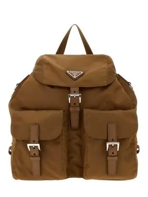 Prada Canvas Backpack With Silver Tone Buckle Details - Brown