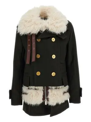 Sacai Hybrid Wool Melton Coat With Fur Vest - Multicolor