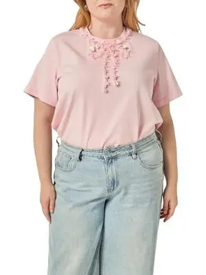 English Factory Embellished Bow Neck T-shirt - Light Pink
