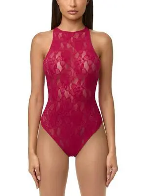 Naked Wardrobe Lace Racerback Bodysuit - Dark Raspberry