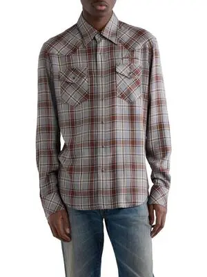 Acne Studios Surrow Embroidered Logo Plaid Flannel Western Shirt - Multi Grey