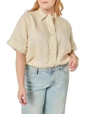 English Factory Floral Appliqué Linen Shirt - Light Beige