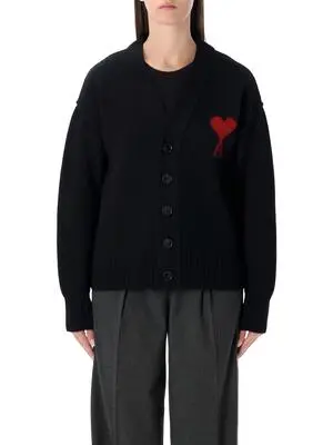 AMI Paris V-neck Wool Cardigan With Of Coeur Intarsia - Nero