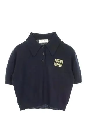 Miu Miu Logo Embroidered Cashmere Polo Shirt - Blue