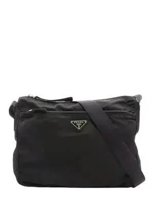 Prada Tessuto Logo Plate Shoulder Bag - Black