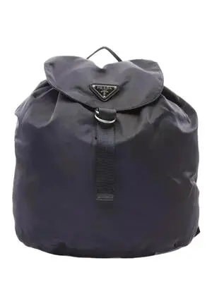 Prada Logo Plate Drawstring Backpack - Blue
