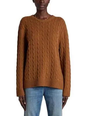 Valentino Garavani Vlogo Cable Stitch Cashmere Crewneck Sweater - Brown