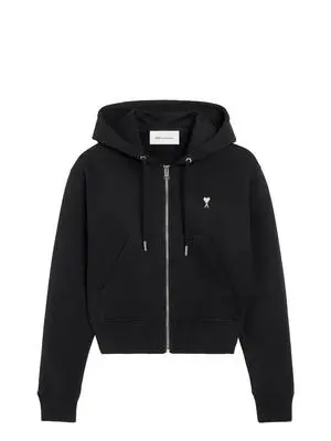 AMI Paris Zipped Cotton Hoodie With De Coeur Embroidery - Black