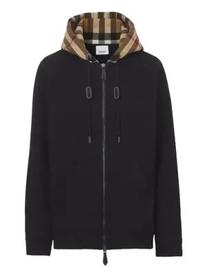 Burberry Check Hood Cotton Blend Zip Hoodie - Black