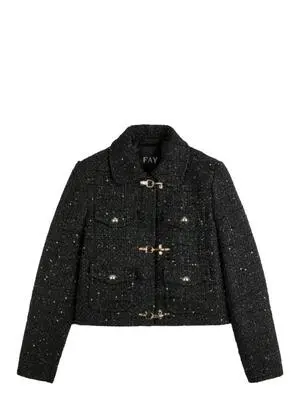 FAY Boucle Tweed Jacket With Sequins And Metal Trims - Black