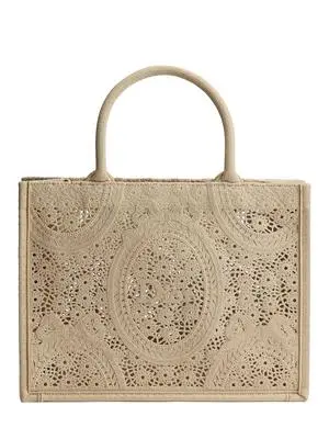 Dior Medium Book Tote With Strap In Embroidered Crochet - Light Brown
