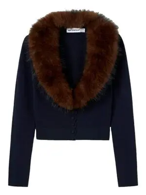 SELF-PORTRAIT Faux Fur Trimmed Cardigan - Navy