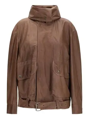 Calvin Klein Belted High Collar Leather Jacket - Brown