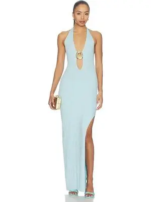 RUNAWAY THE LABEL Halterneck Knit Maxi Dress With Ring Detail And Slit - Sky Blue