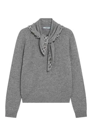 Prada Grey Cashmere Sweater With Jeweled Scarf - Gray