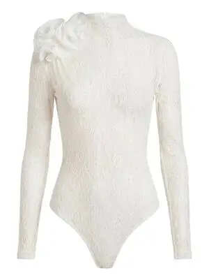NISSA Lace Bodysuit With Floral Embellishment - Multicolor