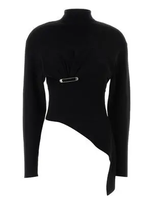 LANVIN Wool Blend Sweater With Decorative Brooch - Black