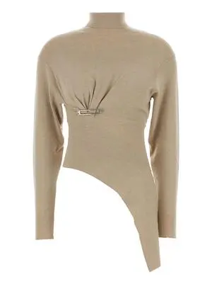 LANVIN Draped Wool Blend Sweater With Decorative Brooch - Light Brown