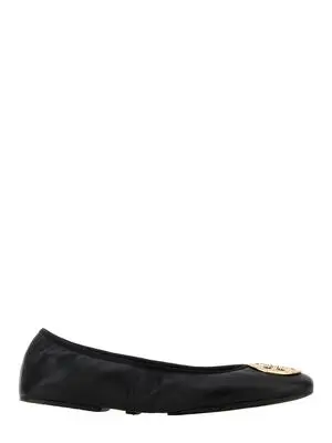 Tory Burch Pebble Leather Ballerinas With Logo Detail - Black