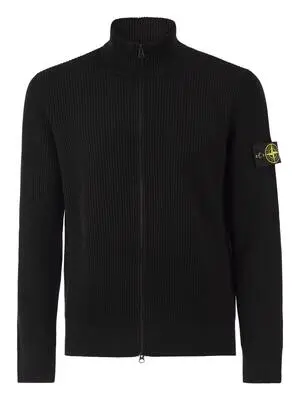 Stone Island Virgin Wool Ribbed High Neck Zip-up Cardigan - Black
