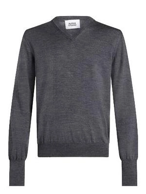 Alpha Studio Merino Wool V-neck Sweater - Charcoal