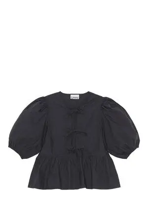 GANNI Cotton Poplin Peplum Tie Blouse - Black