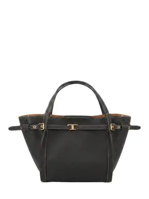 TOD'S T Signature Mini Shopping Bag In Calfskin Leather - Black
