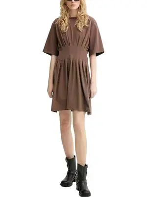GESTUZ Pleated Waist T-shirt Mini Dress - Brown