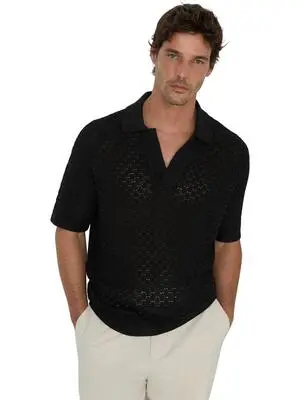 REISS Raffarty Cotton-blend Crochet-knit Polo - Black