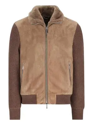 MOORER Shearling Collar Zip-up Bomber Jacket - Brown