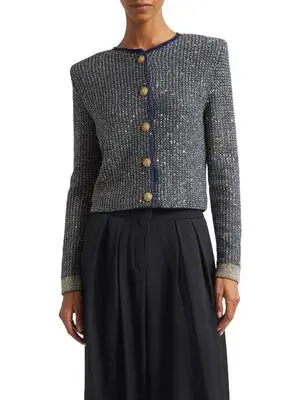 Balmain Glitter Fringe Tweed Cardigan - Sqh Navy/multi
