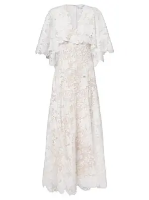 Oscar De La Renta Caped Floral Guipure Lace Gown - White