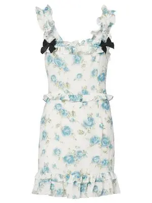 Alessandra Rich Ruffled Floral Silk Crêpe De Chine Minidress - White