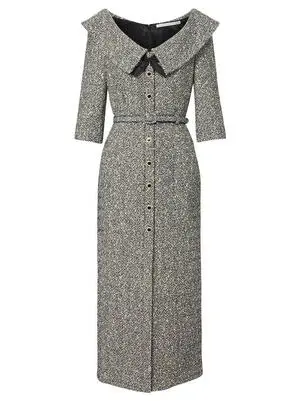 Alessandra Rich Belted Midi Dress In Melange Tweed - Black