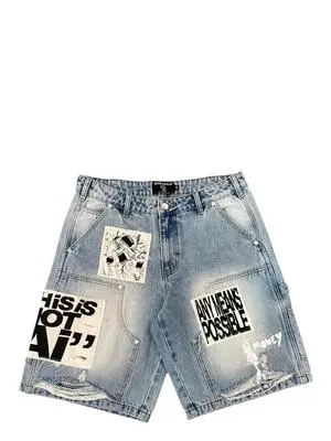 MIXED EMOTIONS Ai Denim Shorts With Graphic Appliques - Blue
