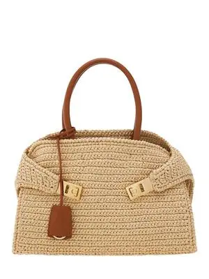 FERRAGAMO Hug Small Raffia Top Handle Bag - Tan