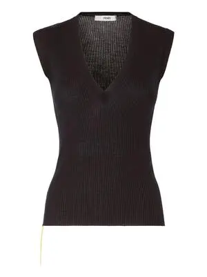 Fendi V-neck Ribbed Knit Sleeveless Top - Black