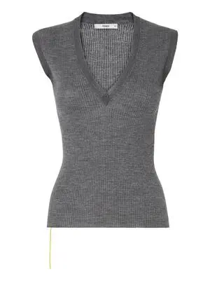 Fendi V-neck Ribbed Knit Sleeveless Top - Grey