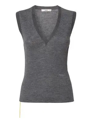 Fendi V-neck Ribbed Knit Sleeveless Top - Grey