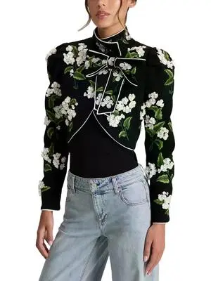 Alice + Olivia Addison Floral-embroidered Cropped Jacket - Black