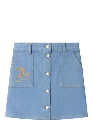 Bonpoint Dexie Embroidered Organic Cotton Denim Skirt - Gray-blue