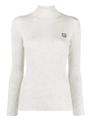 Maison Kitsuné Ribbed Knit Mock Neck Sweater With Fox Motif - Light Gray