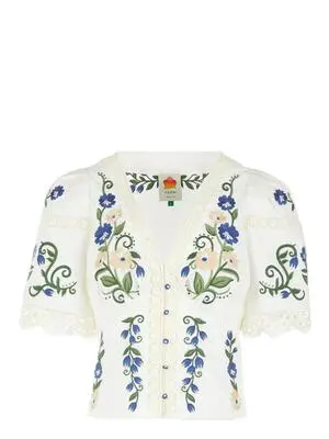 Farm Rio V-neck Embroidered Puff Sleeve Shirt - White
