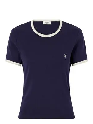 Saint Laurent Cassandre Embroidered Cotton-jersey T-shirt - Blue